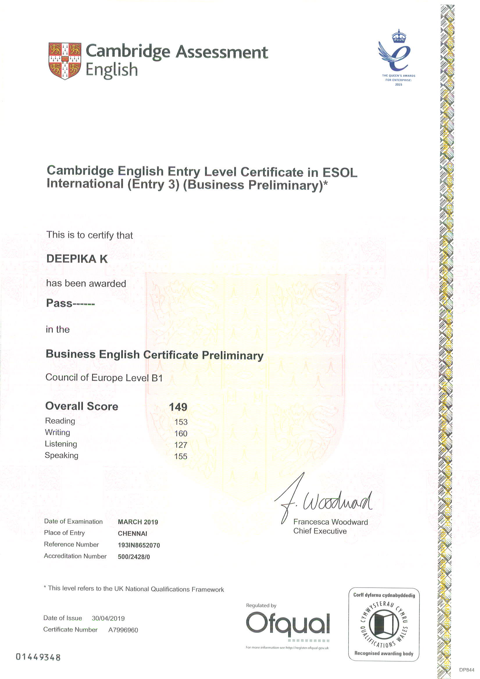 Student Certificate of pass in BEC exam - Ecruitment